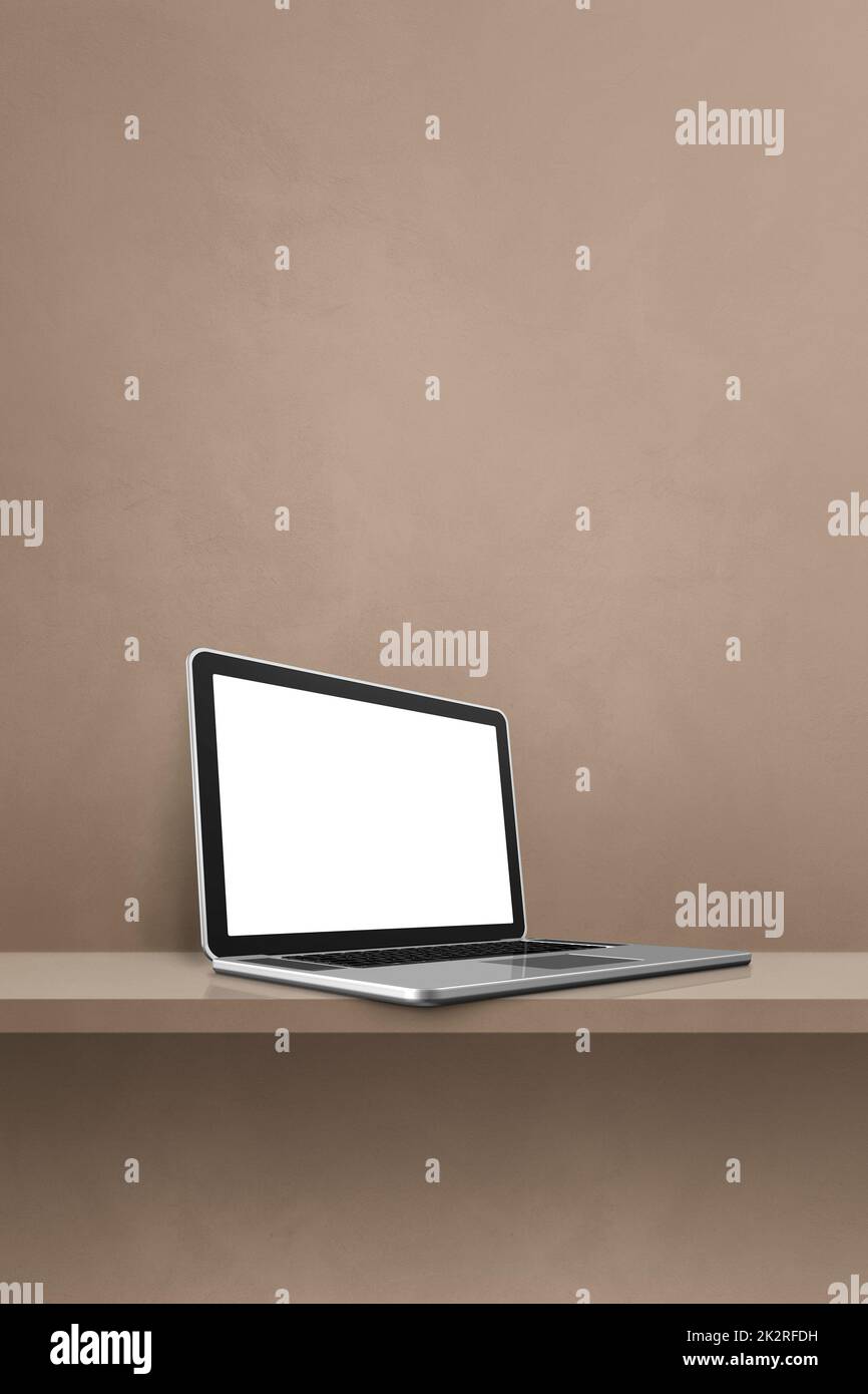 Laptop computer on brown shelf. Vertical background Stock Photo - Alamy