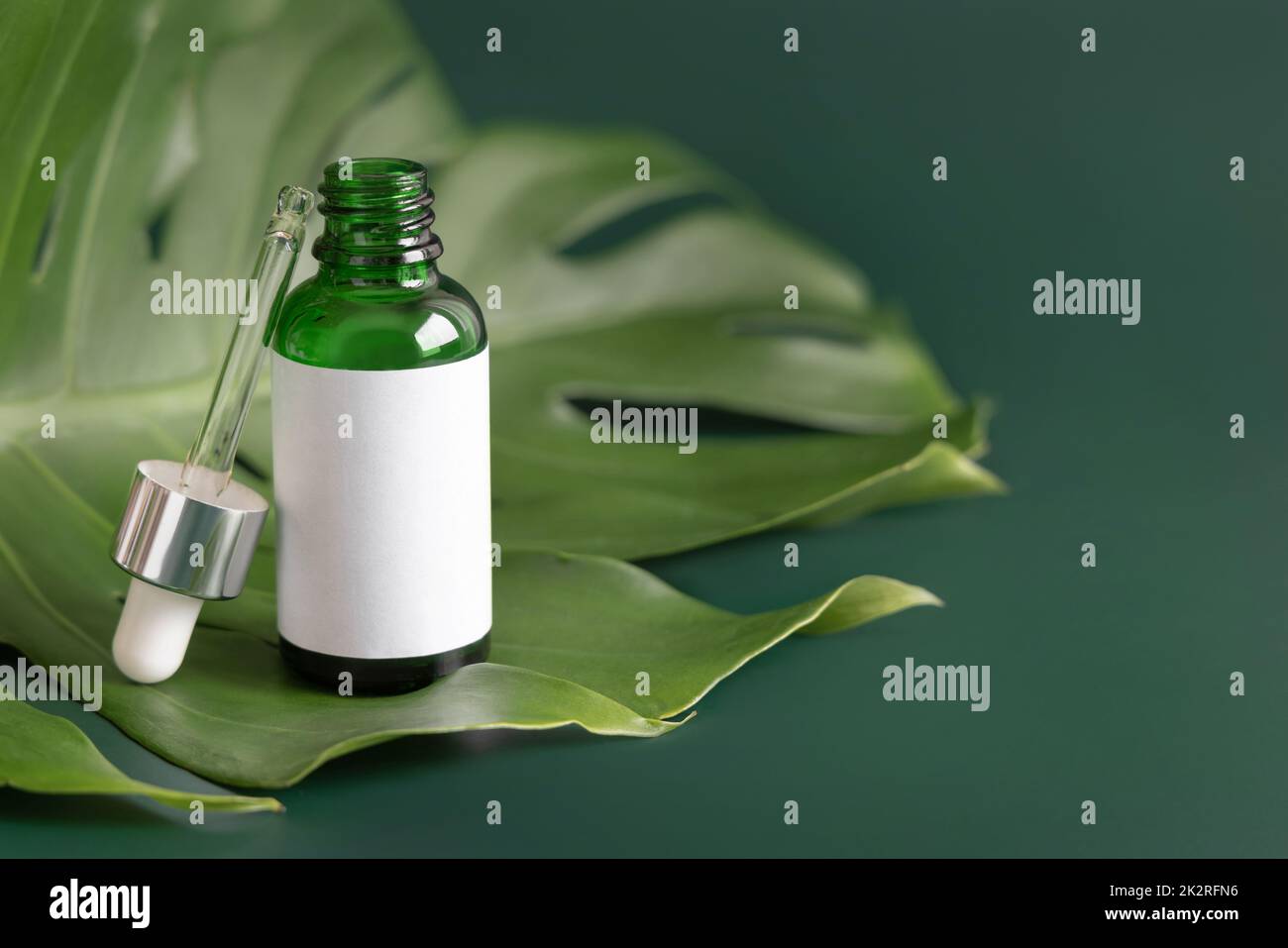Opened Dropper Bottle on monstera leaf on green table close up. Brand ...