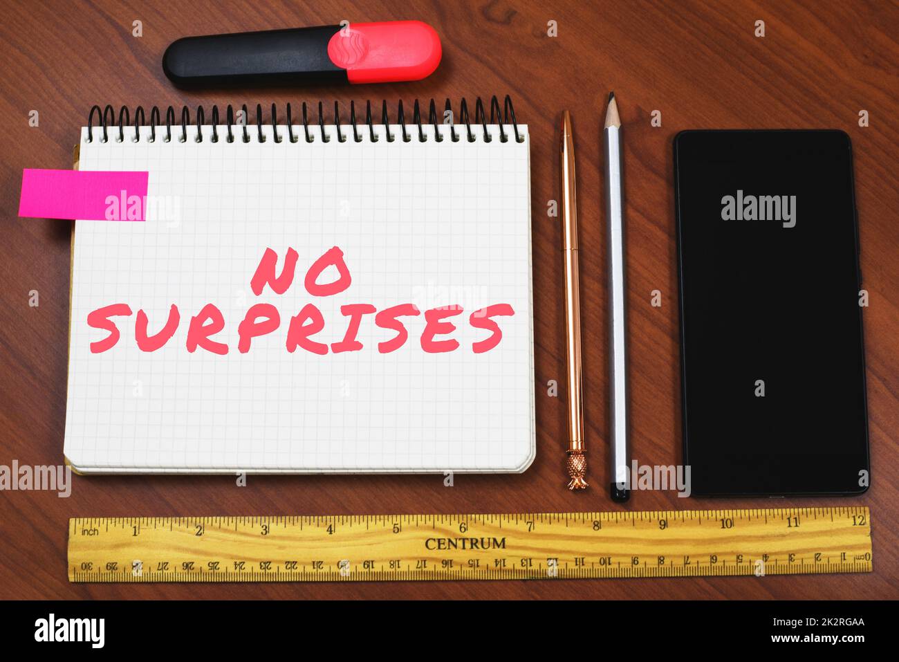 Text sign showing No Surprises. Business idea Presupposed Eventual ...