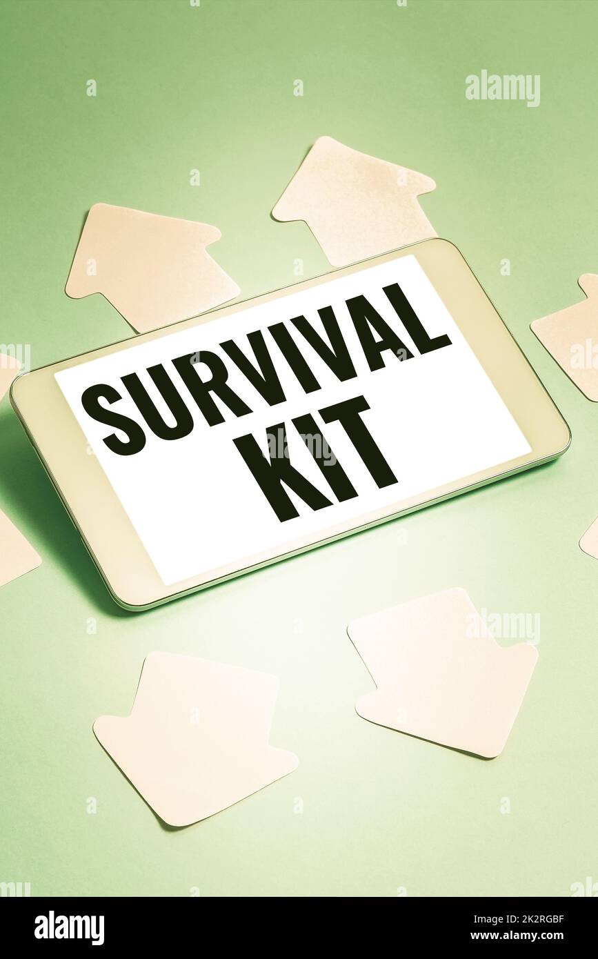 Handwriting text Survival Kit. Internet Concept Emergency Equipment ...
