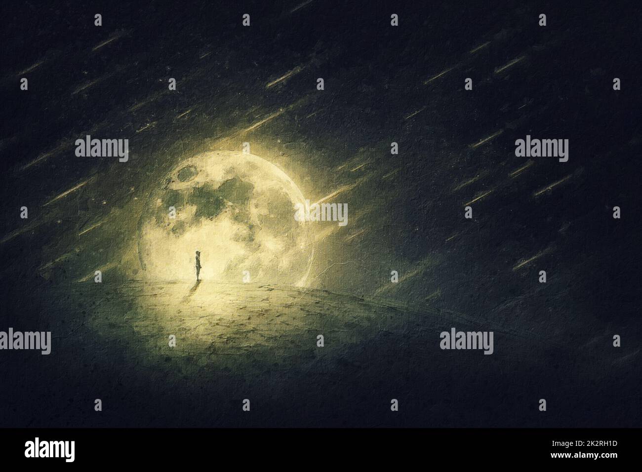 Starfall painting of a surreal world and a person silhouette on a ...