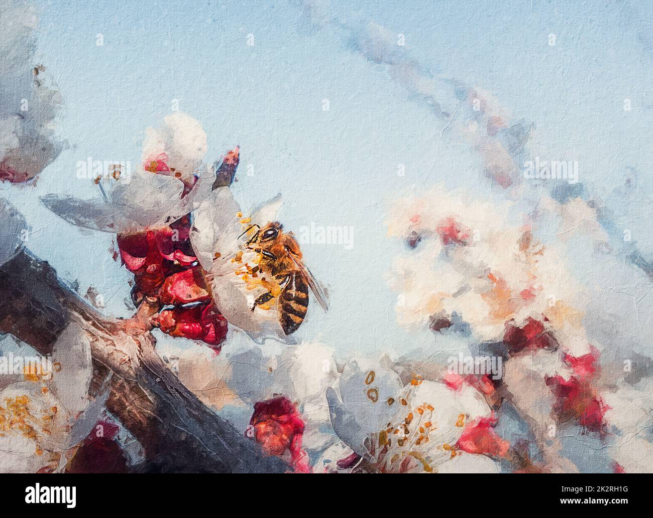 Painting of a bee collecting flower pollen. Closeup honeybee and a ...
