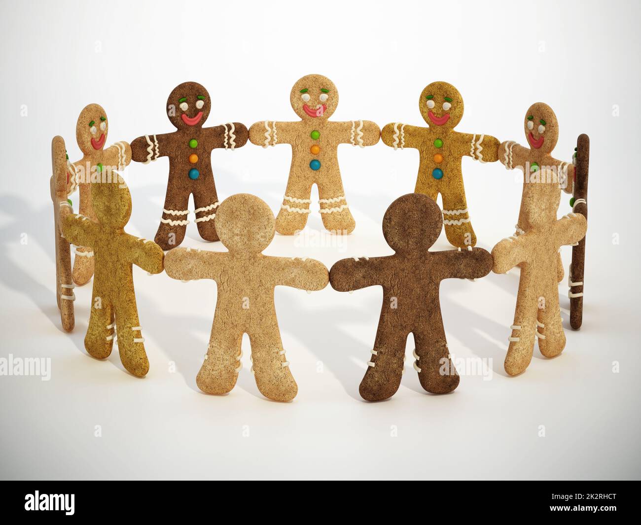 Gingerbread cookie men holding hands isolated on white. 3D illustration ...