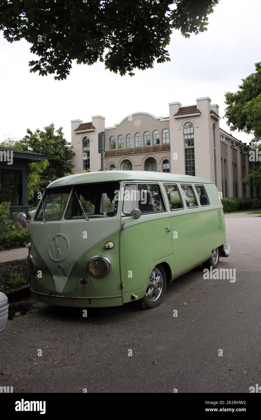 A vintage green van in the street of Vancouver, British Columbia ...