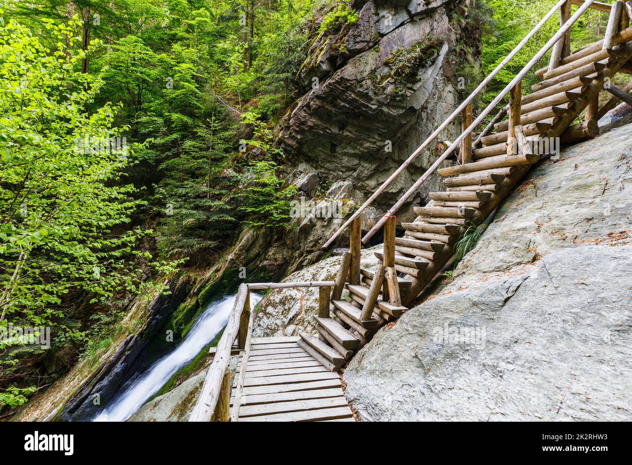 Wooden walking path at Resov waterfalls in the Czech Republic Stock ...