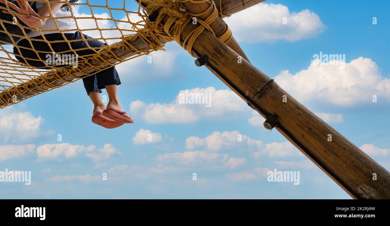 Summer travel at the beach with blue sky and white clouds. Summer vibes ...