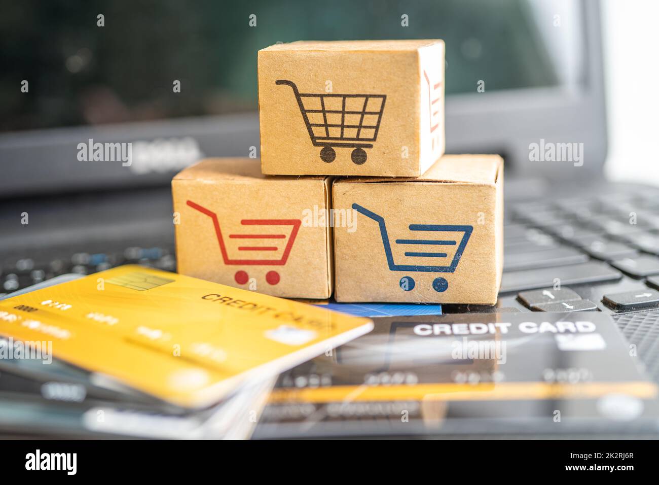 Shopping online box with credit card on laptop computer. Finance ...