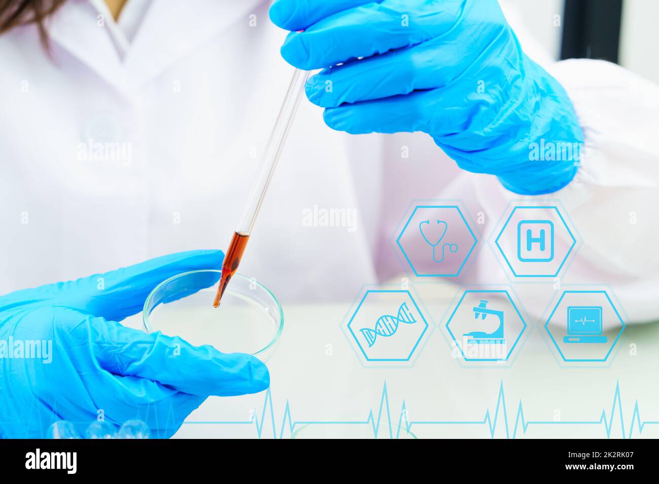 Technician scientist analyzing holding blood sample in test tube in ...