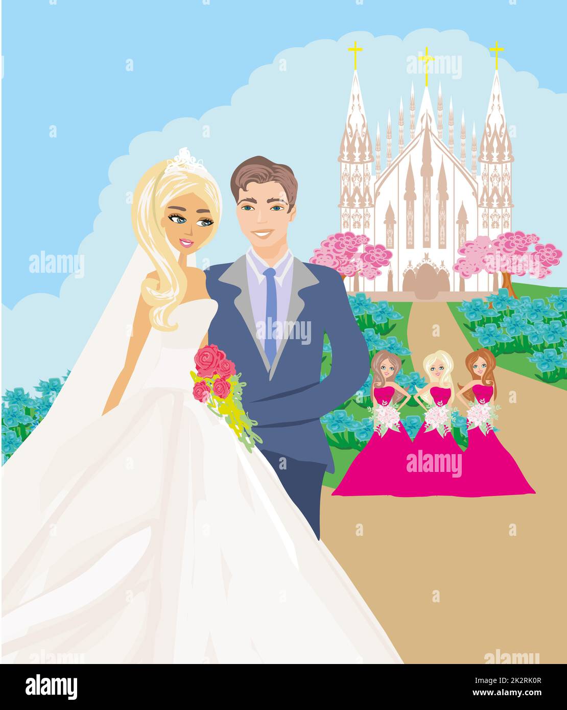Wedding couple in front of a church Stock Photo - Alamy