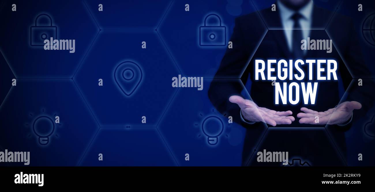 Text showing inspiration Register Now. Business concept Name in an ...