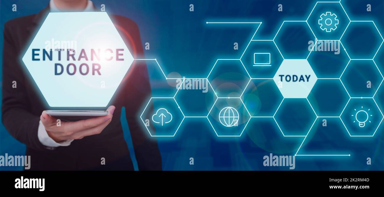 Hand writing sign Entrance Door. Business approach Way in Doorway Gate ...