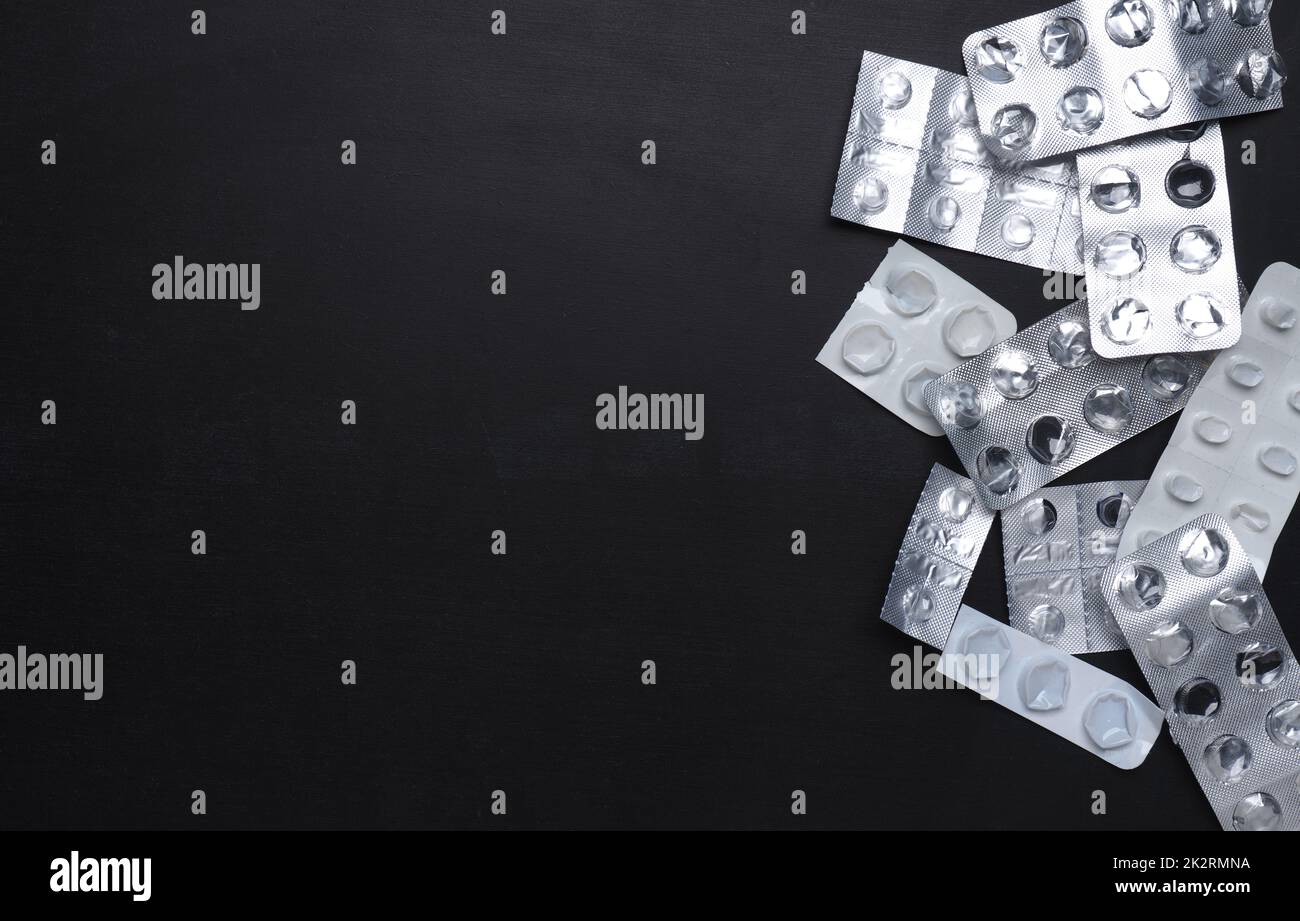 Empty tablet packs on a board with free space for your text Stock Photo ...