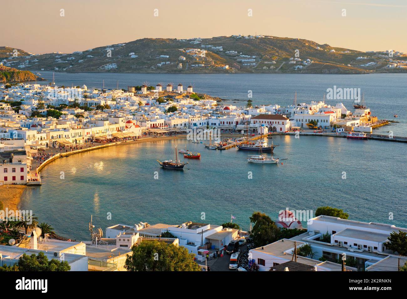 Mykonos island port with boats, Cyclades islands, Greece Stock Photo ...