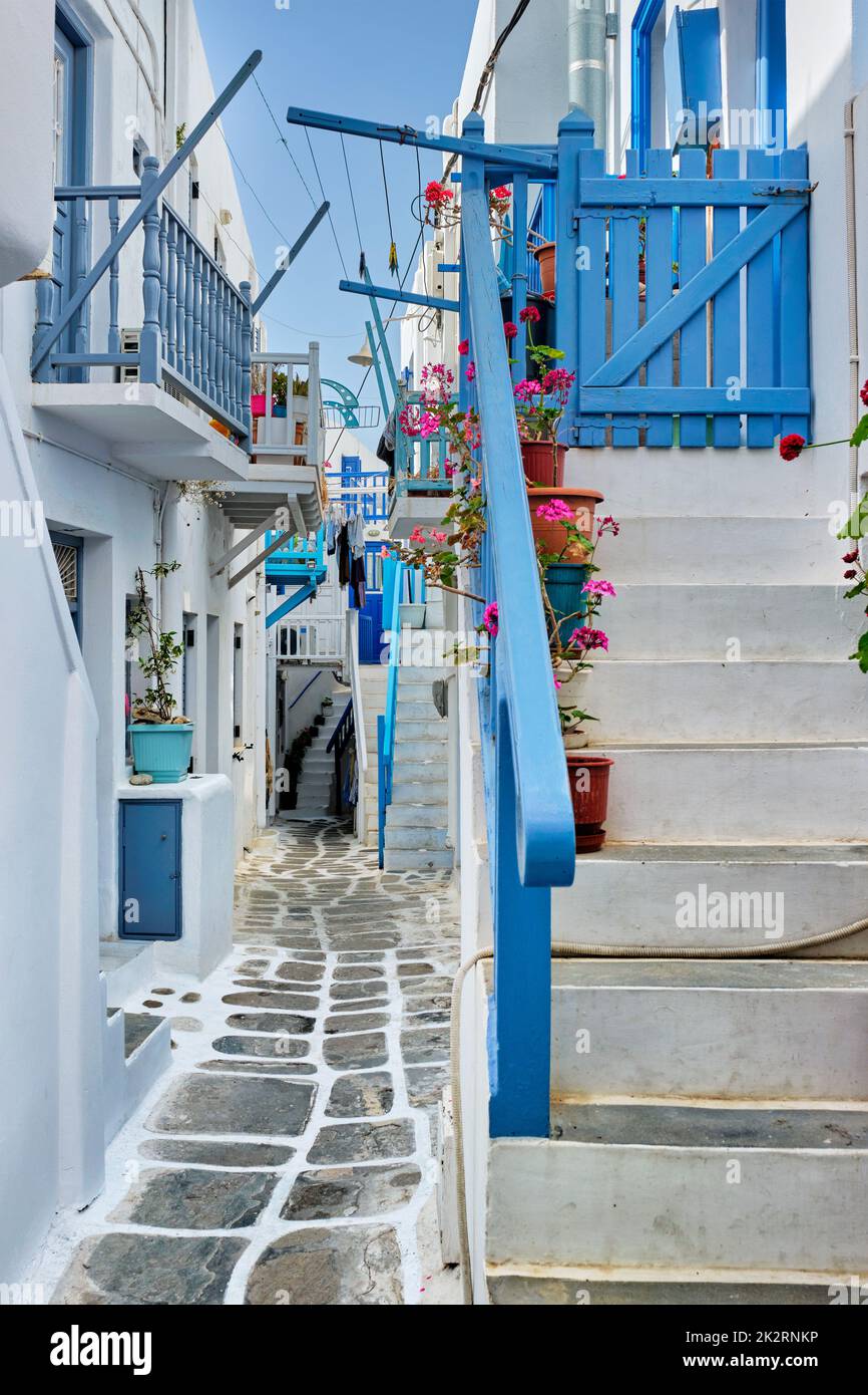 Greek Mykonos street on Mykonos island, Greece Stock Photo - Alamy