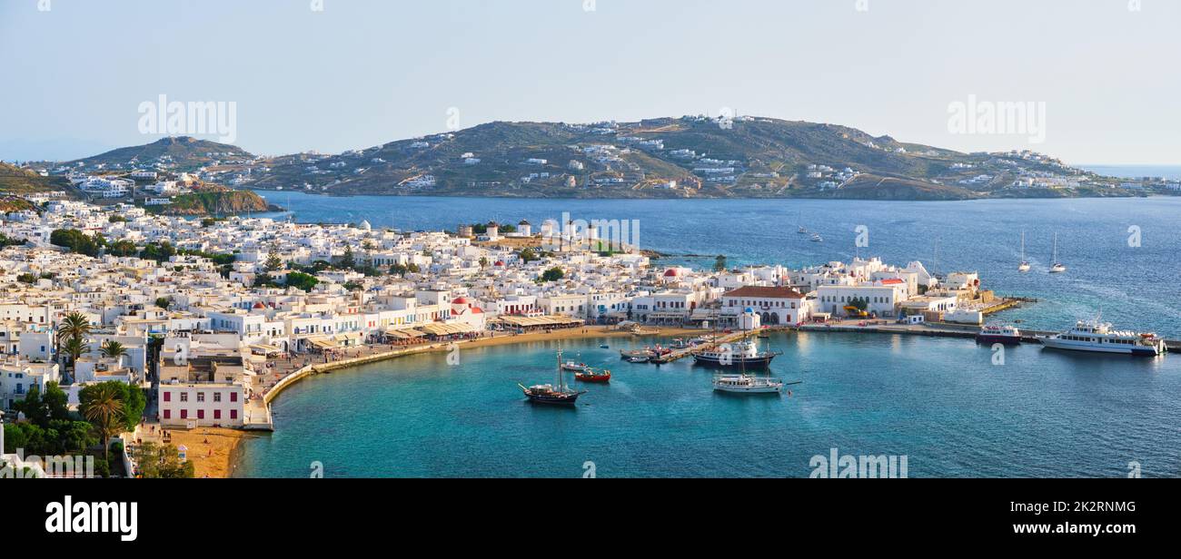 Mykonos island port with boats, Cyclades islands, Greece Stock Photo ...