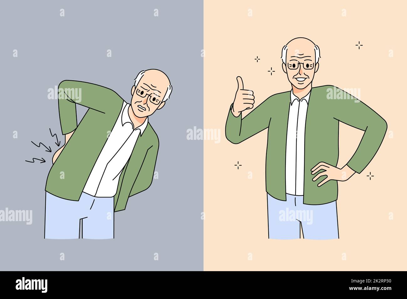 Old man suffer from backache before and after Stock Photo - Alamy