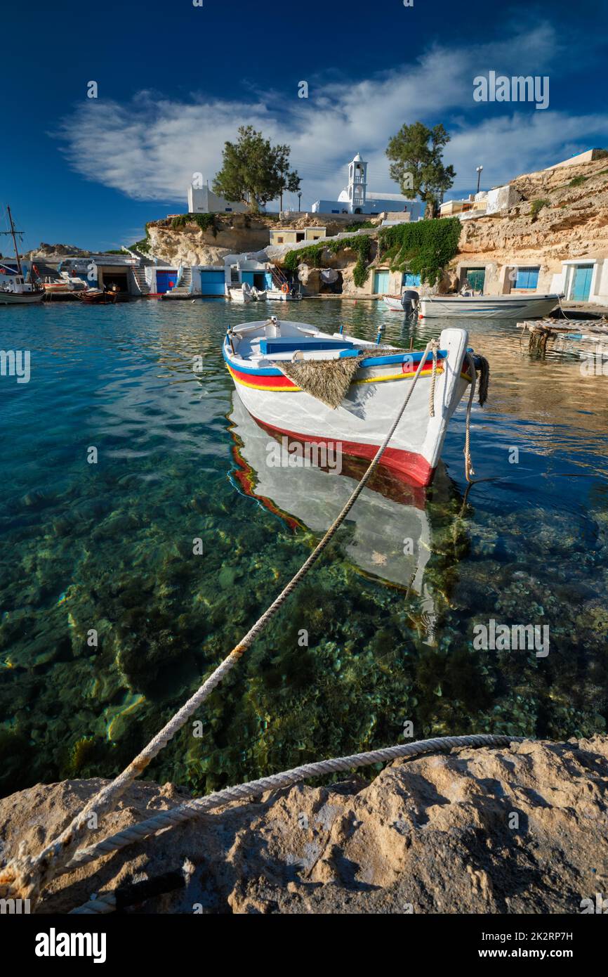 Fishing boats in harbour in fishing village of Mandrakia, Milos island ...