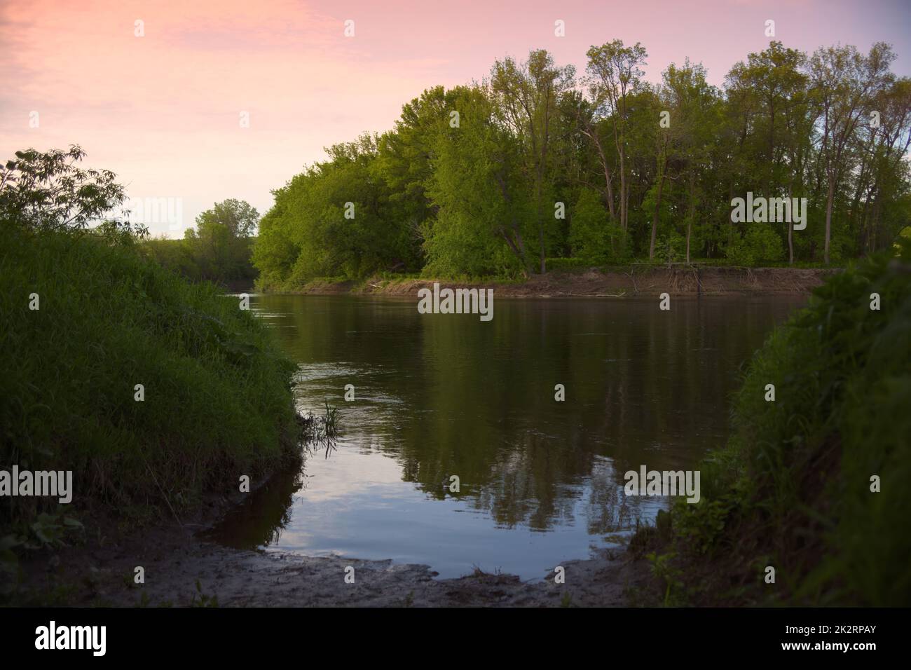 river sunset sky tranquil forest peaceful water landscape Stock Photo ...