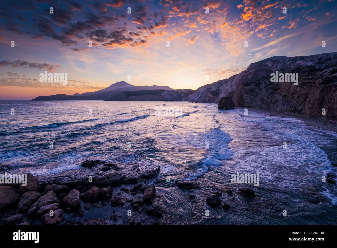 Fyriplaka beach on sunset, Milos island, Cyclades, Greece Stock Photo ...
