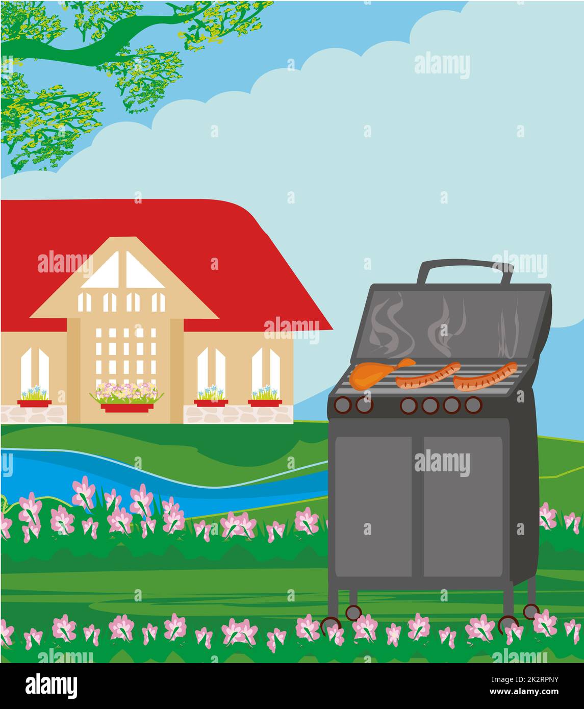 Illustration of backyard barbecue Stock Photo - Alamy
