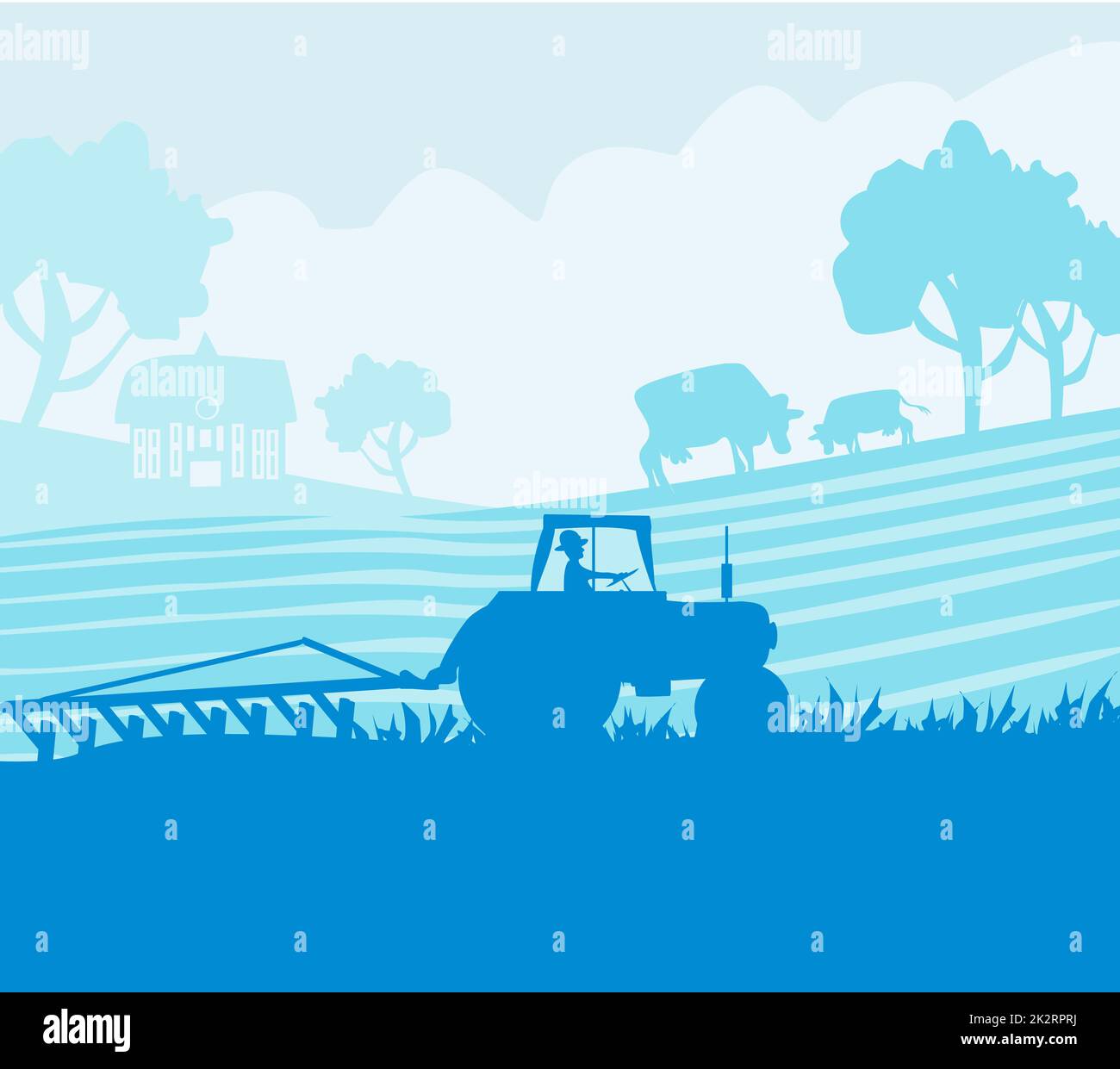 Rural landscape - tractor and cows Stock Photo - Alamy