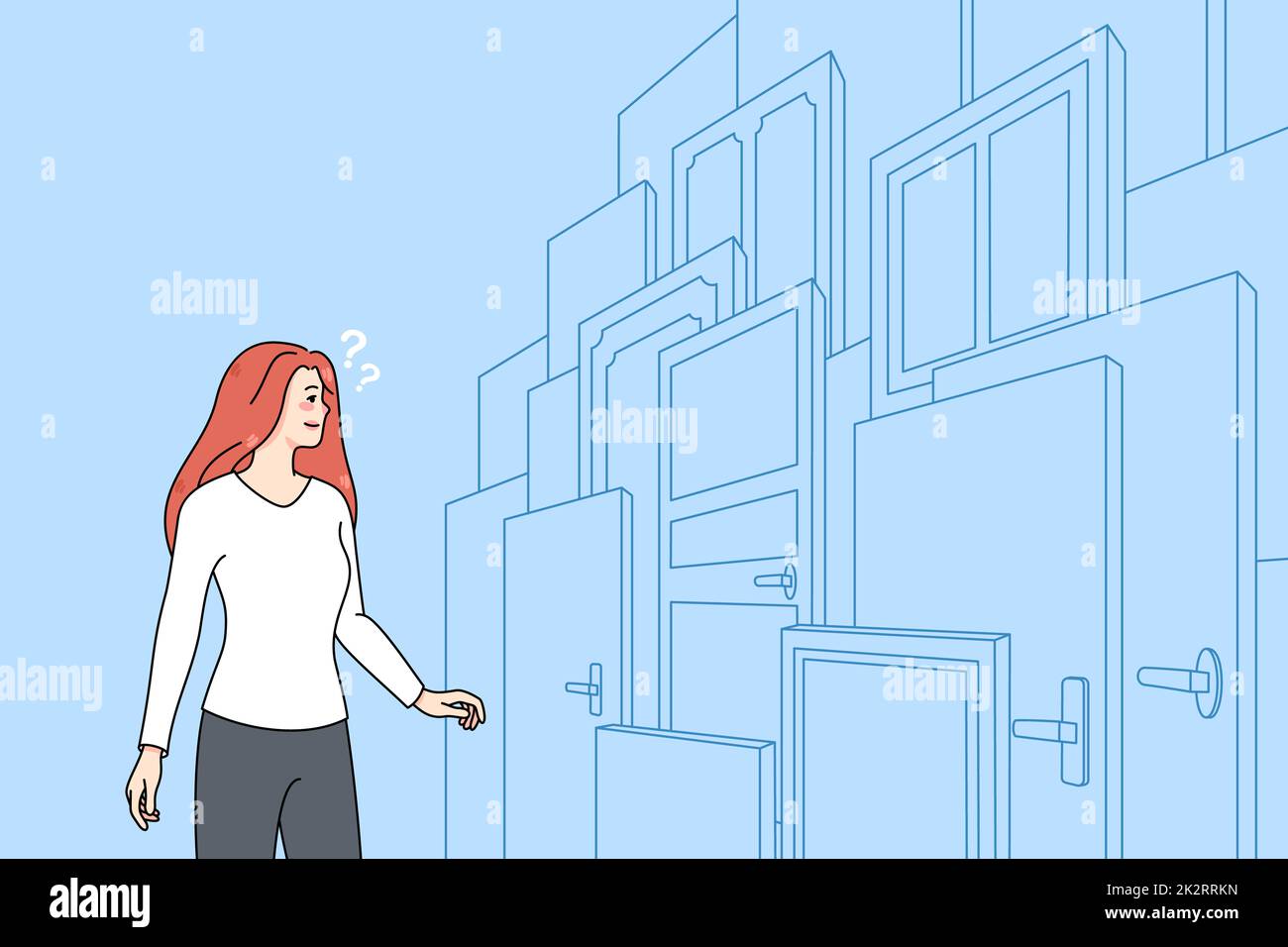 Confused woman in front of doors deciding Stock Photo - Alamy