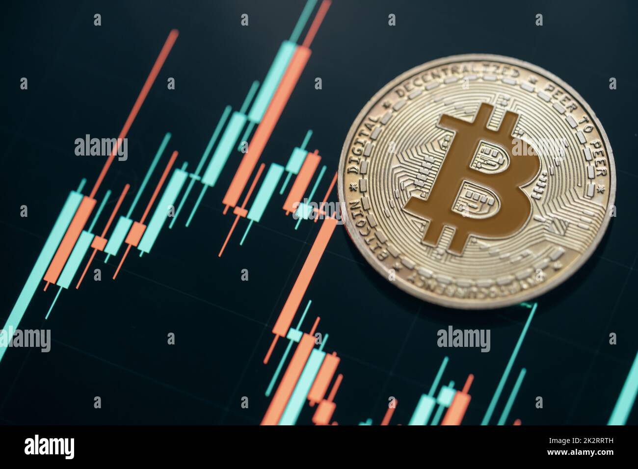 Silver Bitcoin with candle stick graph chart and digital background ...
