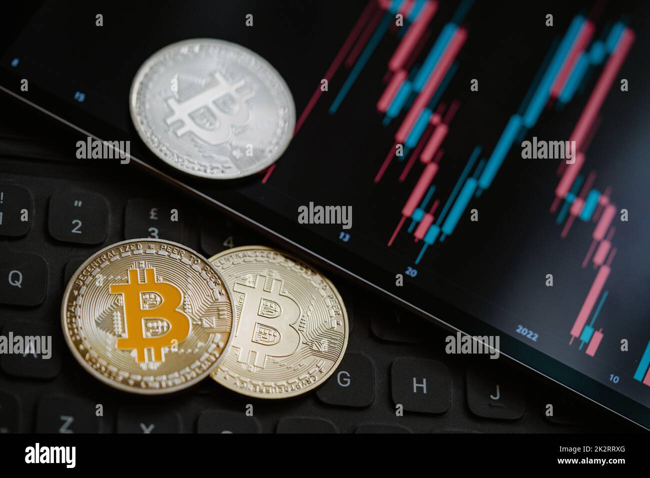 Bitcoin cryptocurrency with candle stick graph chart, laptop keyboard ...