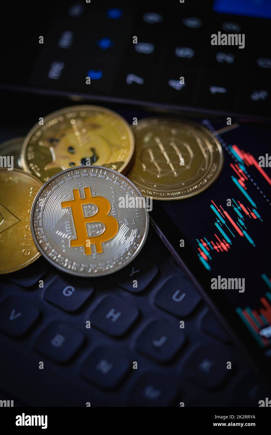 Various Cryptocurrencies with candle stick graph chart and digital ...
