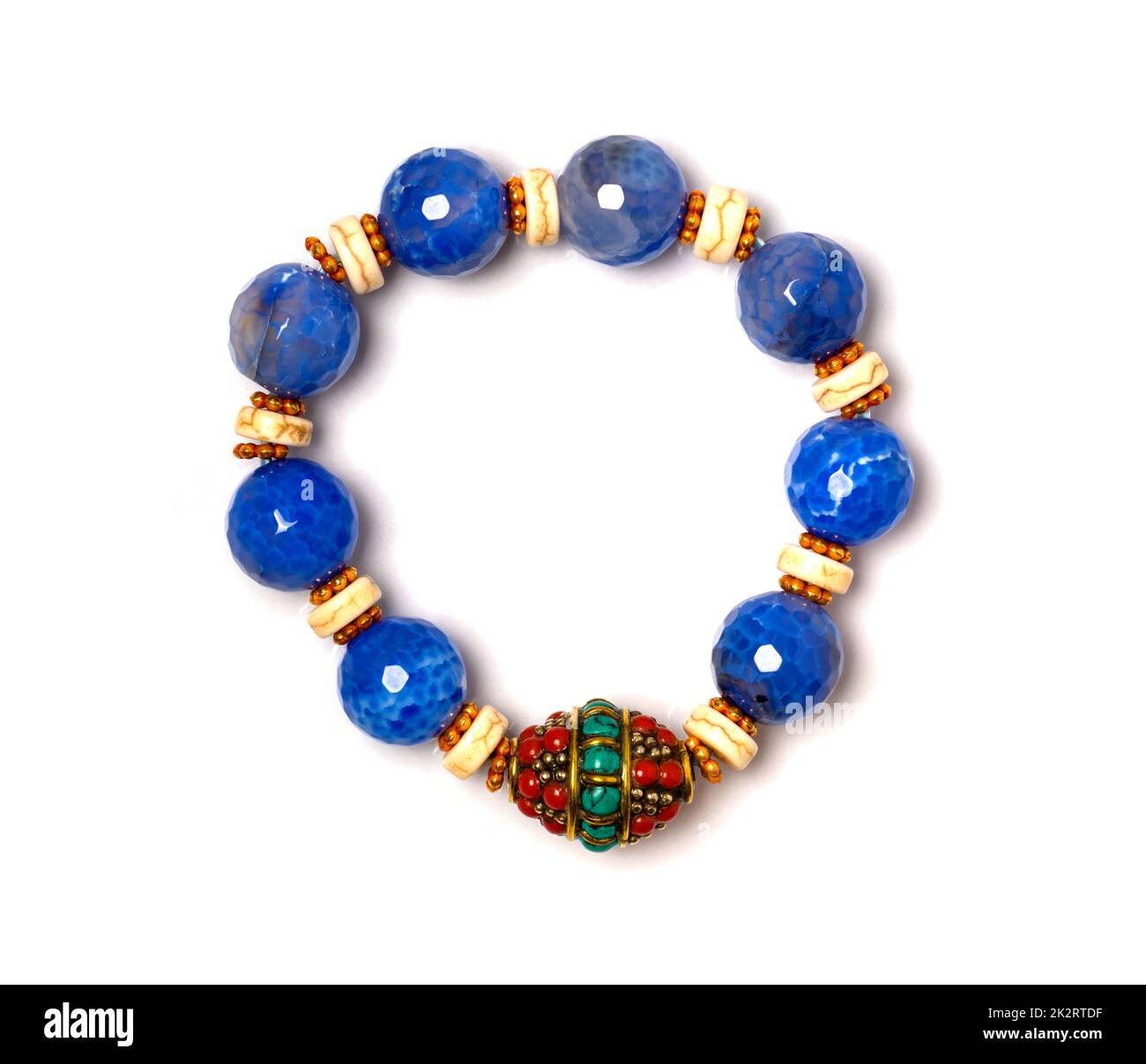 Ice Blue Agate gemstone with ceramic and bone bead bracelet on white ...