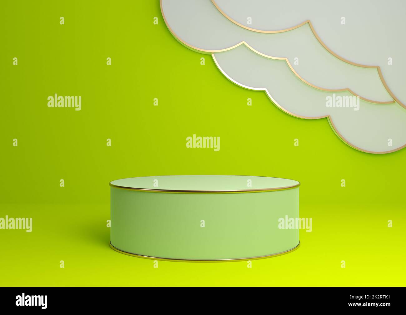 Bright, lime, neon green 3D rendering product display podium or stand with abstract clouds and ...