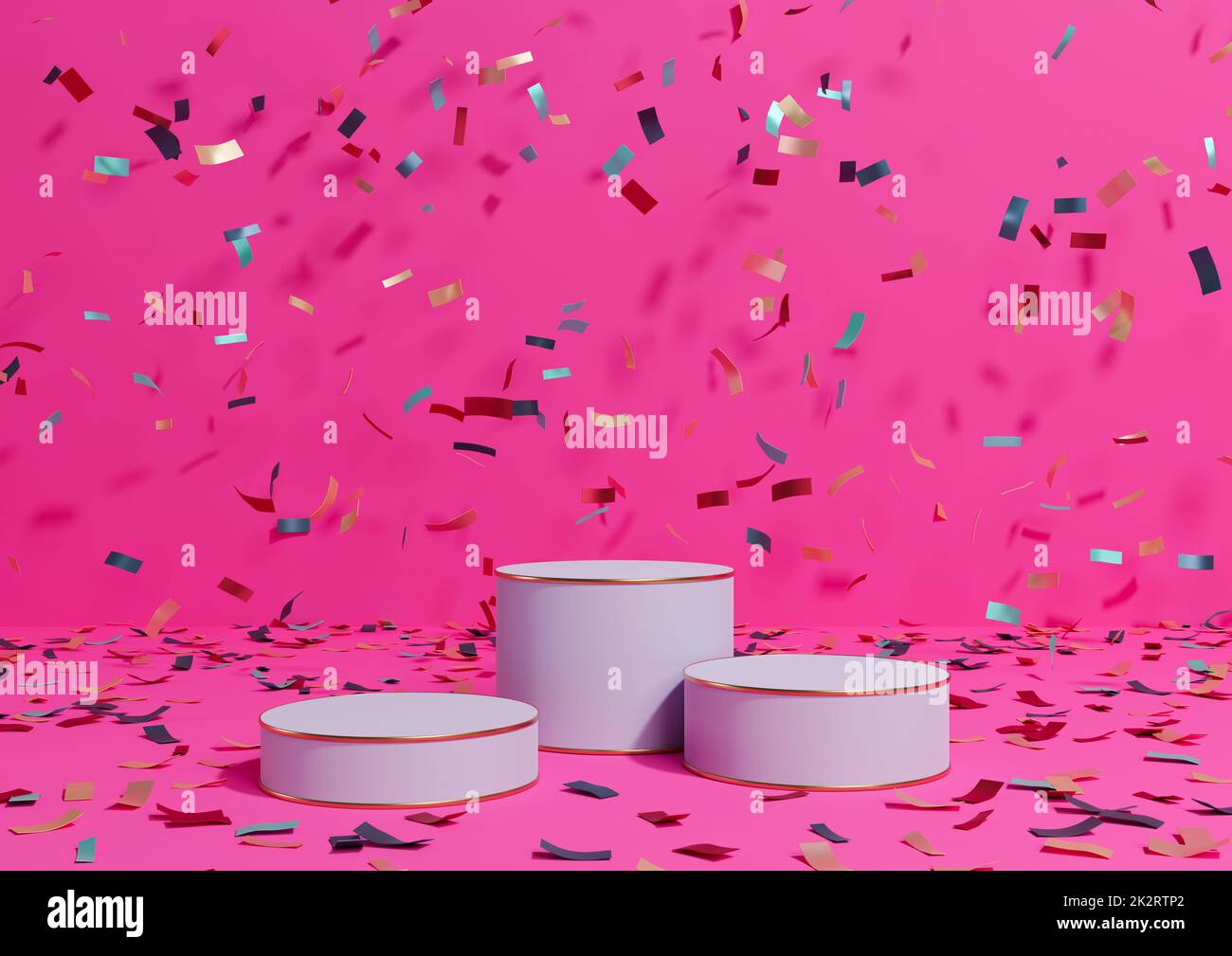 Bright magenta, neon pink 3D rendering product display three podiums ...