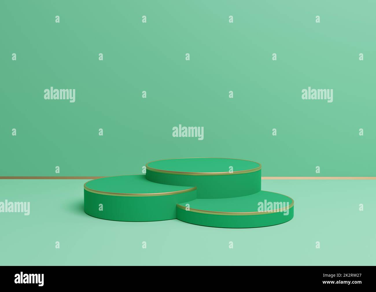 Bright turquoise green 3D rendering simple product display with three podiums or stand with ...