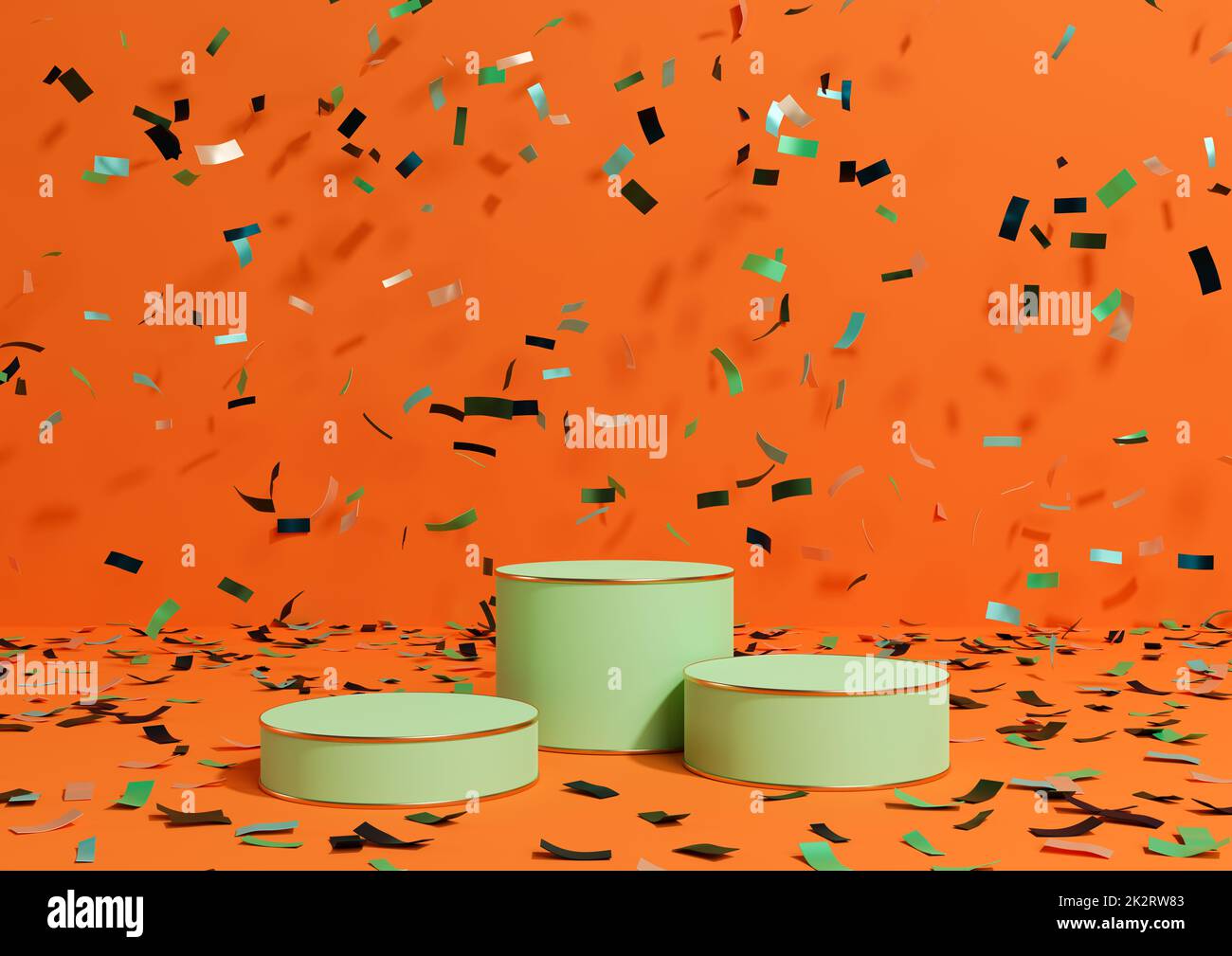 Neon orange, bright red 3D rendering product display three podiums ...