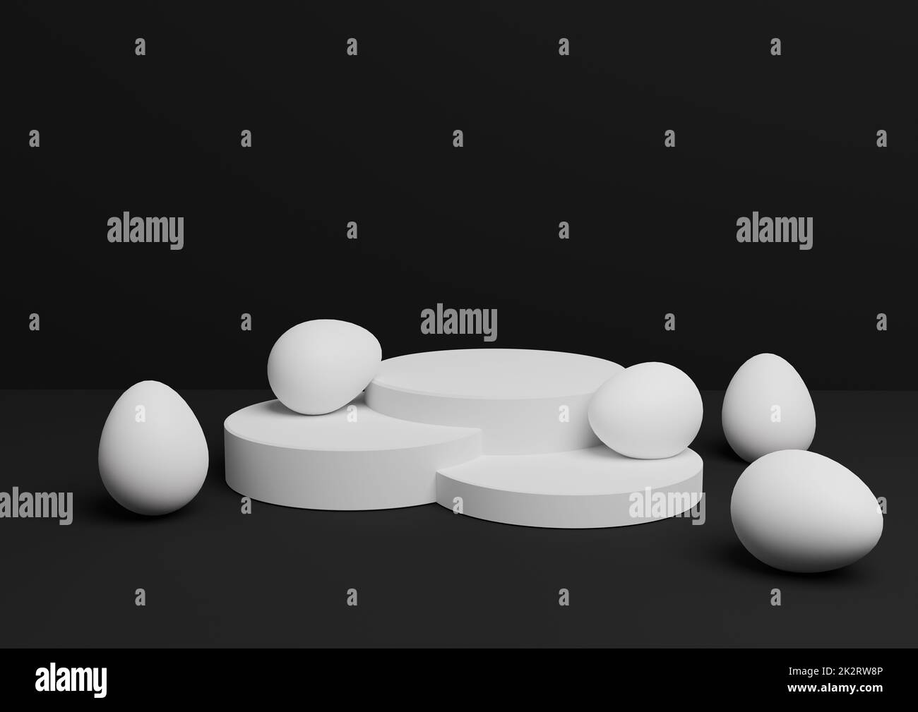 Black, dark gray, black and white 3D rendering of Easter themed product display podium or stand ...