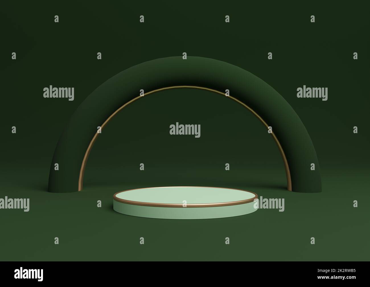 Dark, warm green 3D rendering simple product display cylinder podium or stand with golden lines ...
