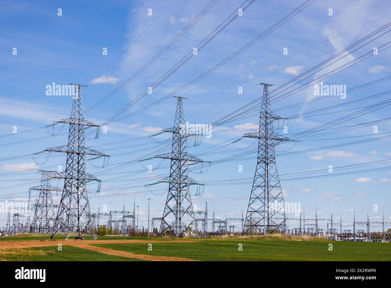 High voltage electricity pylons, transmission power lines, and ...