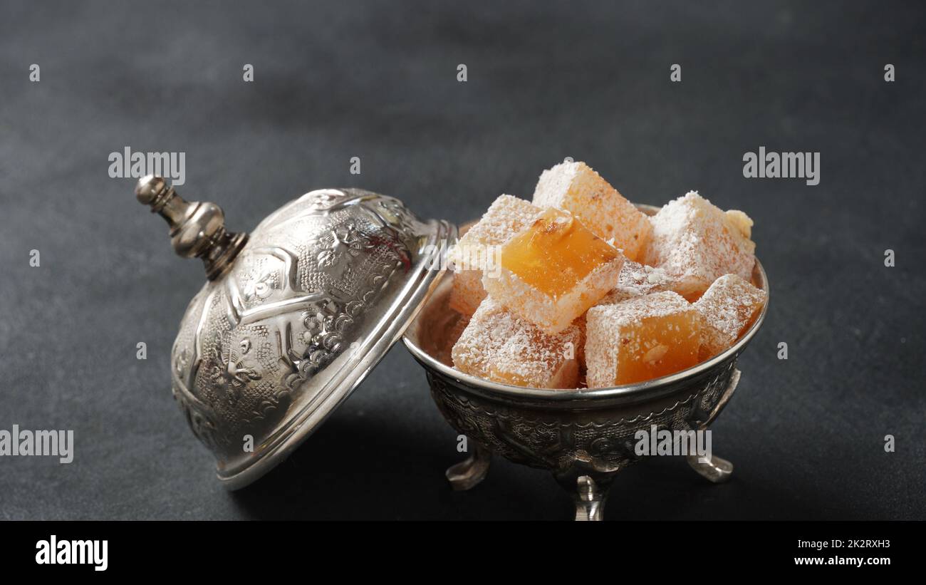 Assorted Turkish delights Rahat lokum. Colorful cubes of Turkish ...