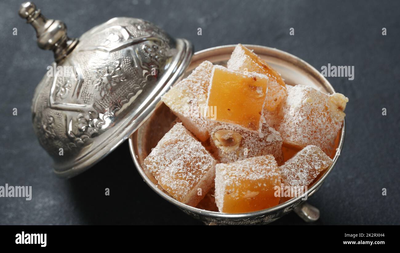 Assorted Turkish delights Rahat lokum. Colorful cubes of Turkish ...