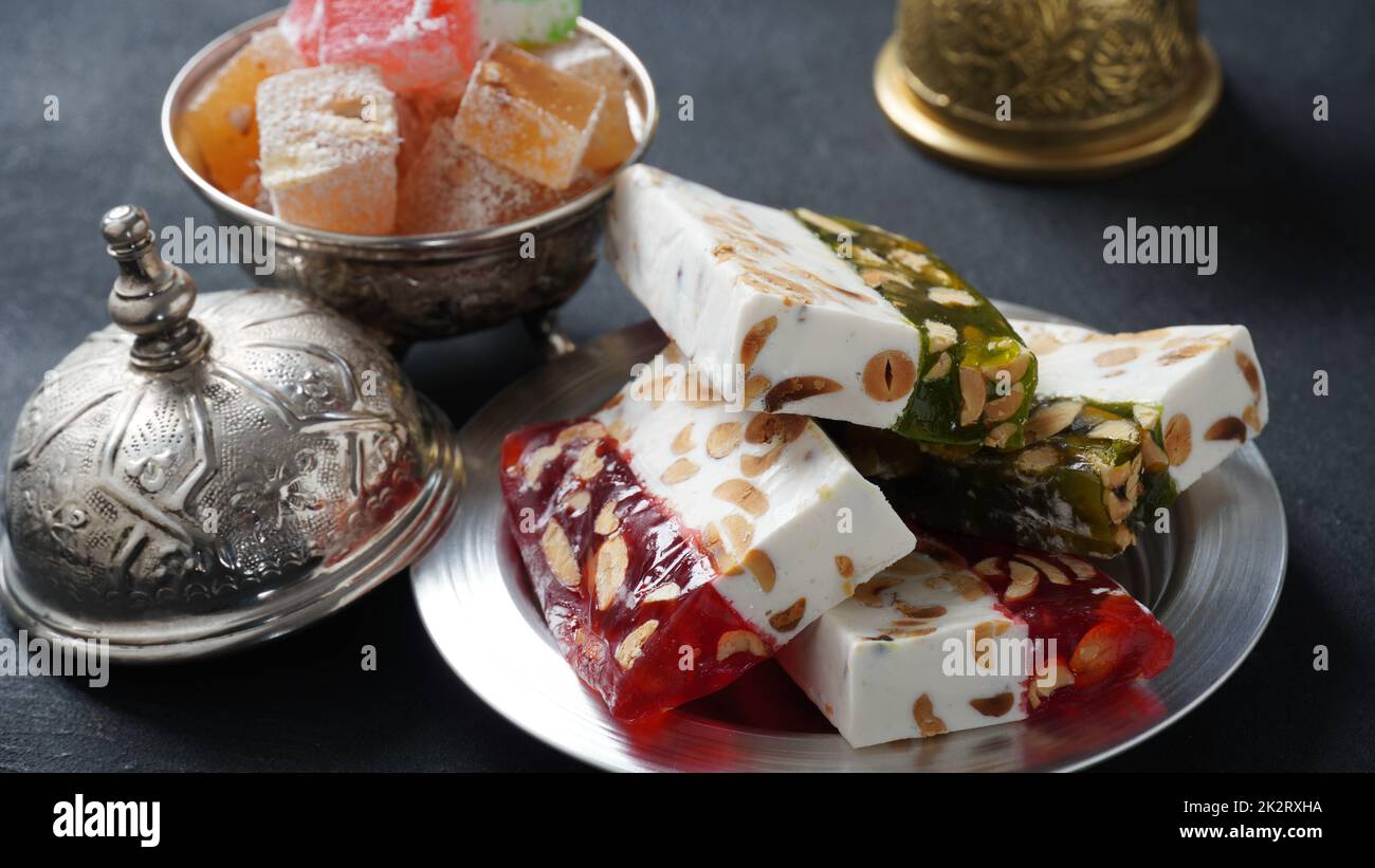 Assorted Turkish delights Rahat lokum. Colorful cubes of Turkish ...