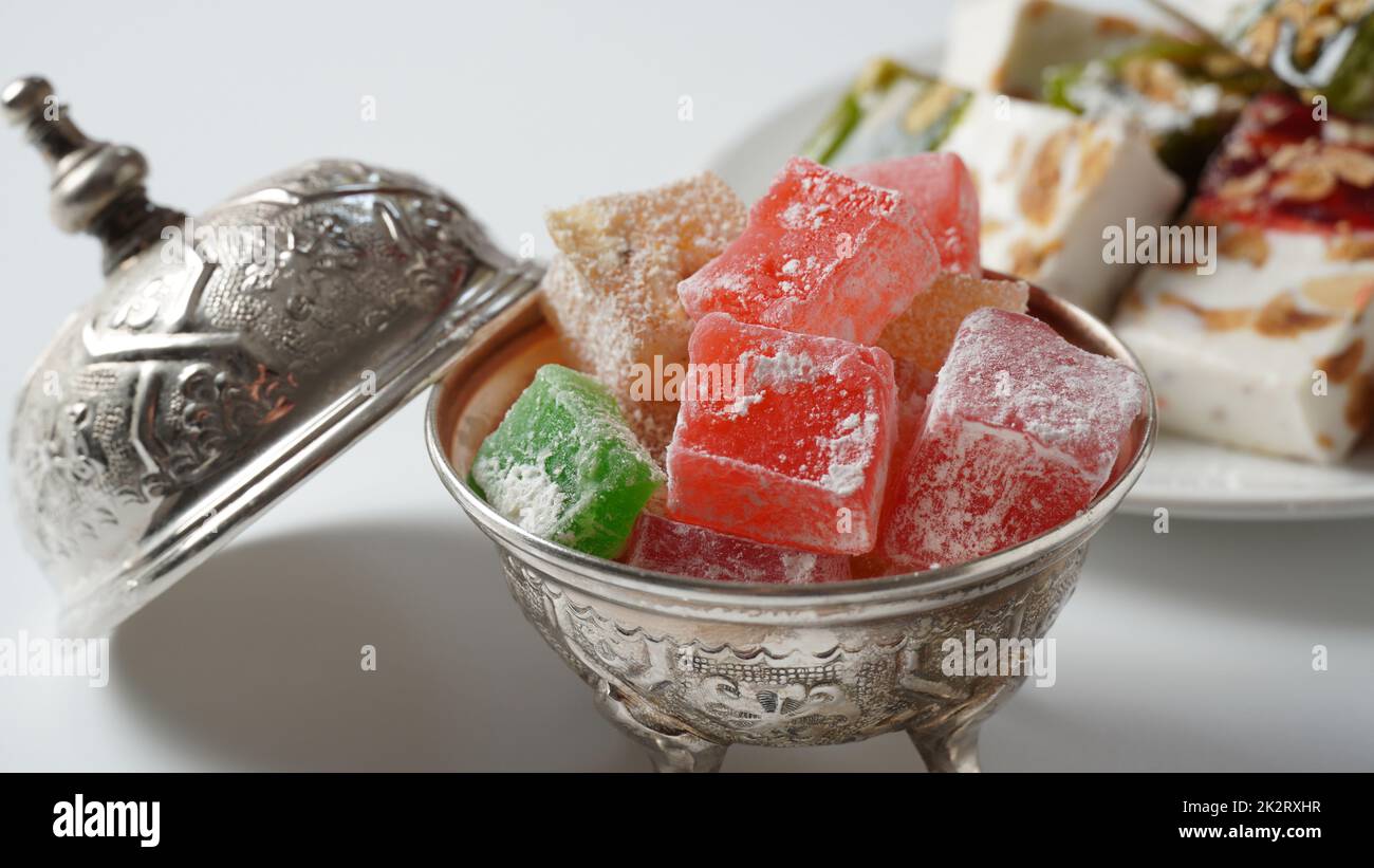 Assorted Turkish delights Rahat lokum. Colorful cubes of Turkish ...