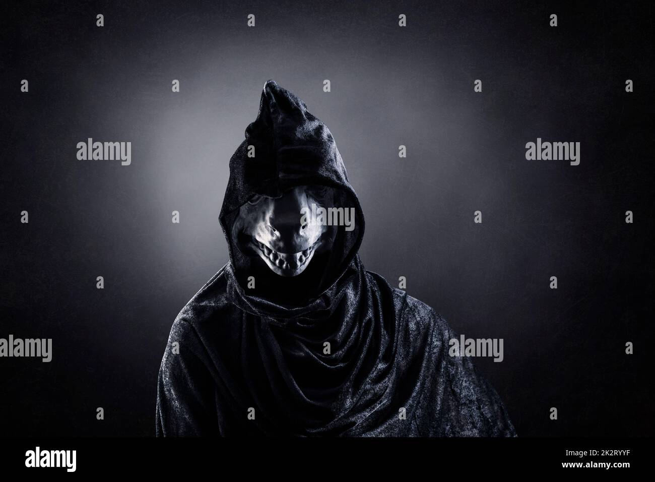 Reptile in hooded cloak at night over dark misty background Stock Photo ...