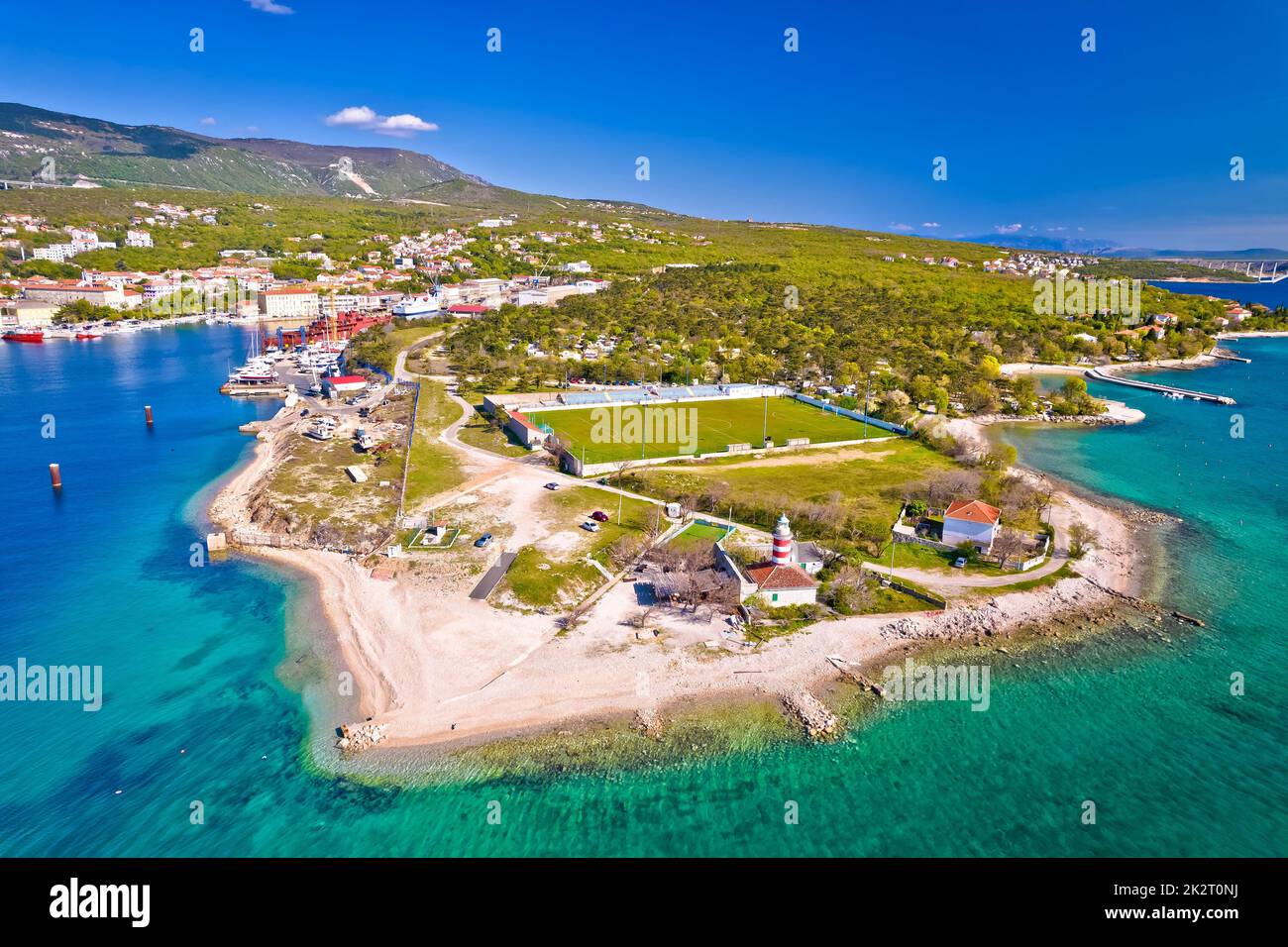 Town of Kraljevica in Kvarner bay beach and lighthouse aerial view ...
