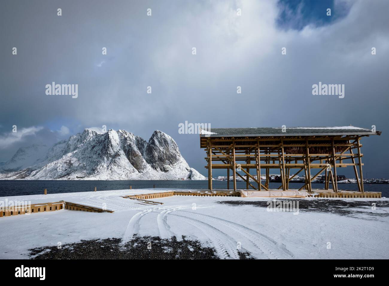 Drying flakes for stockfish cod fish in winter. Lofoten islands Stock ...