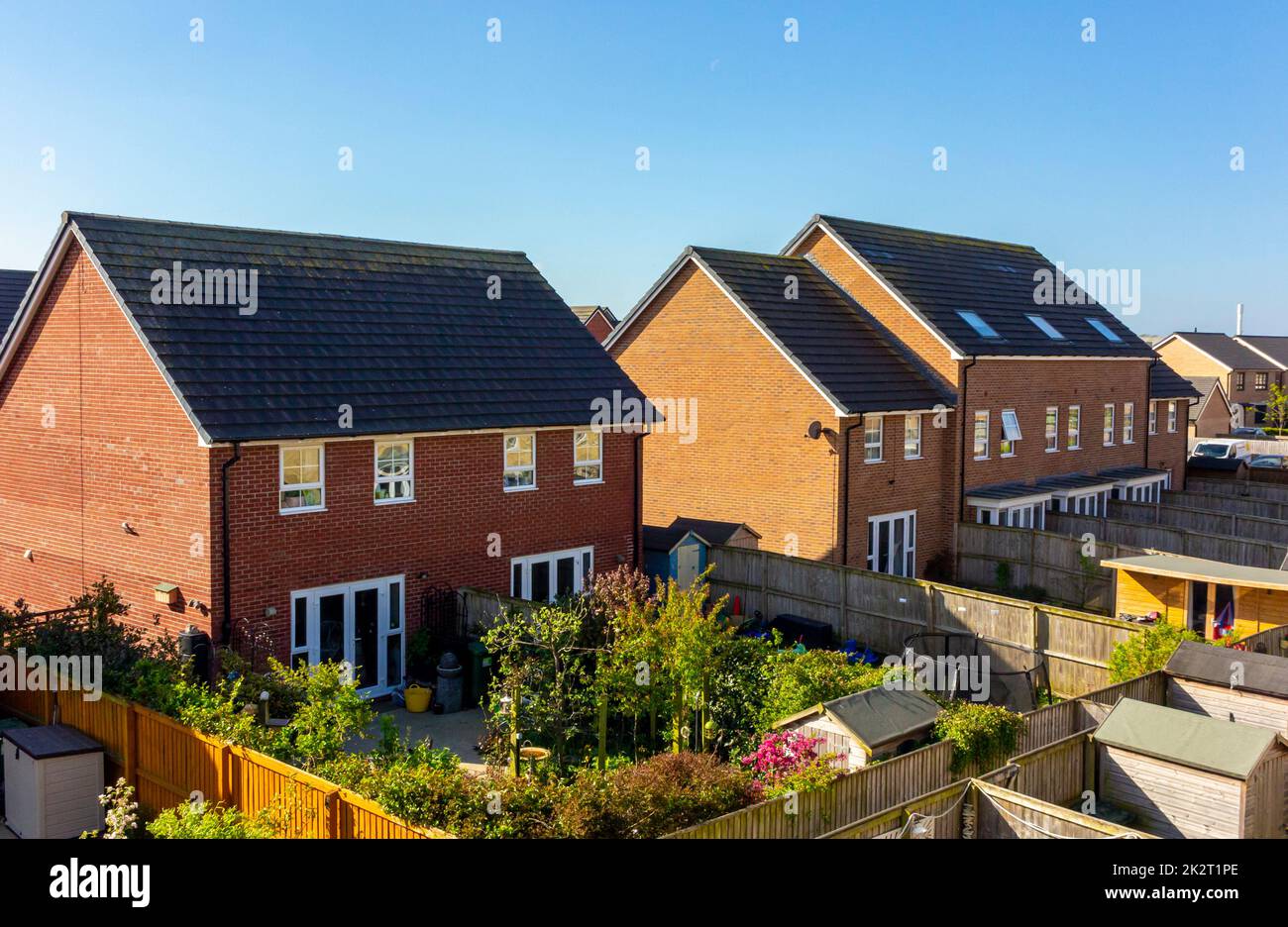 View over back gardens on a new housing development in the UK Stock ...