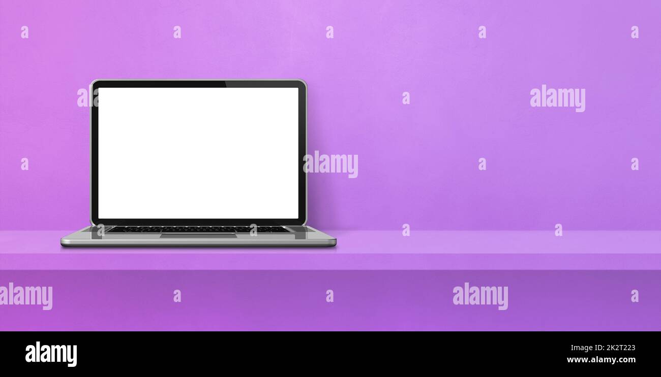 Laptop computer on purple shelf background banner Stock Photo - Alamy