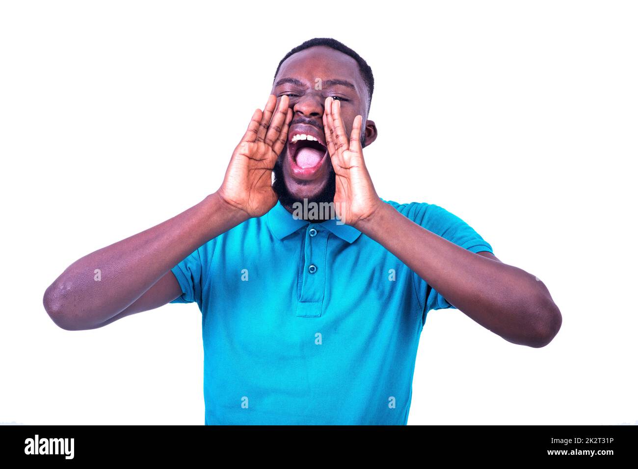 handsome young man standing holding hands near wide open mouth and ...