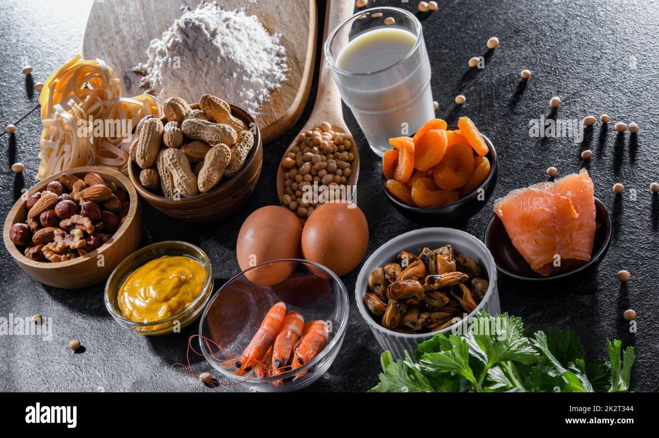 Composition with common food allergens Stock Photo - Alamy