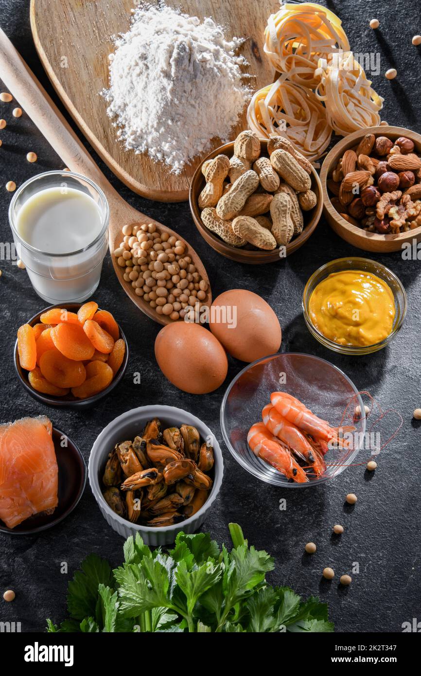 Composition with common food allergens Stock Photo - Alamy