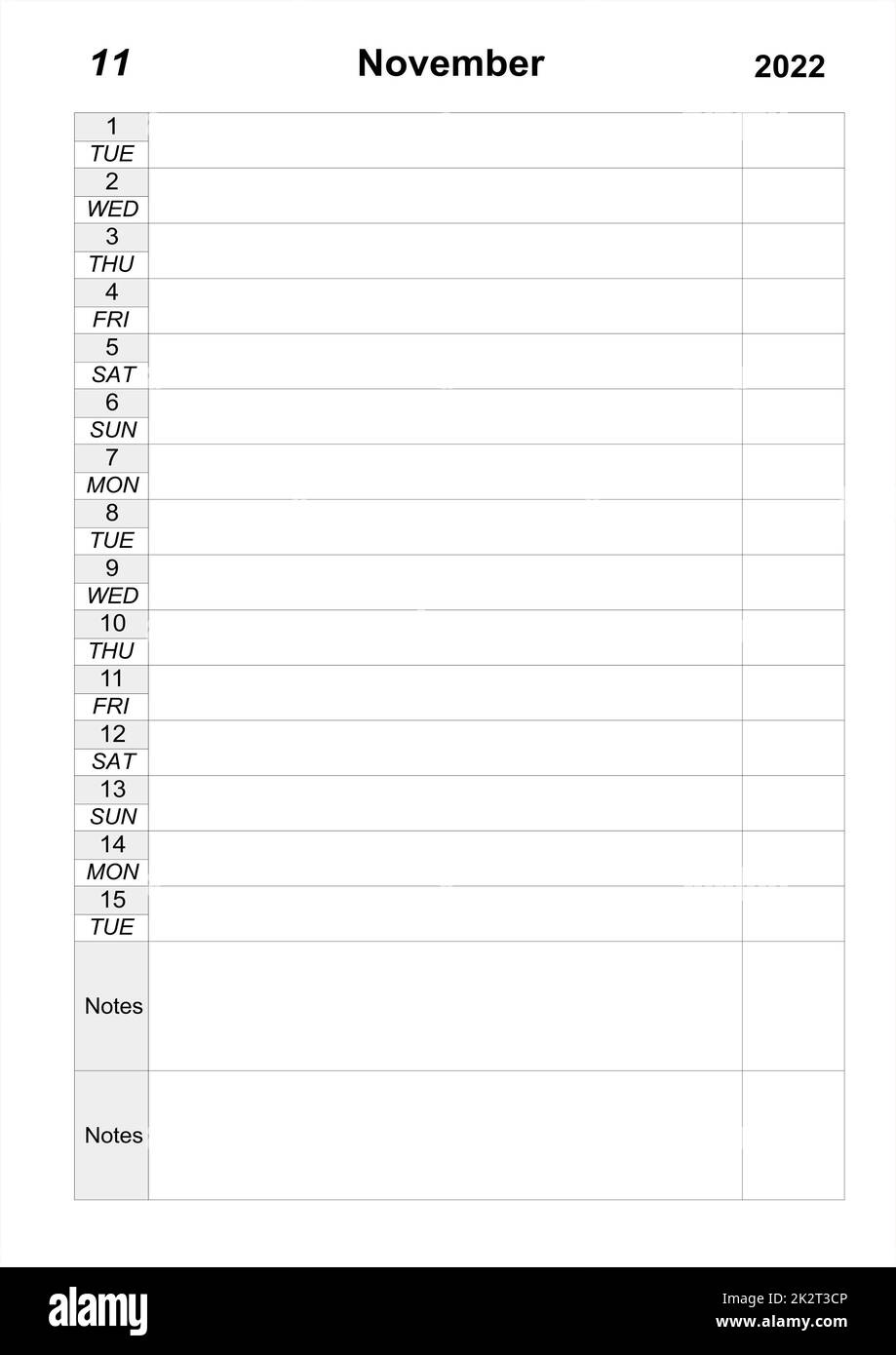 Calendar planner for first half of november 2022. work organizer Stock ...
